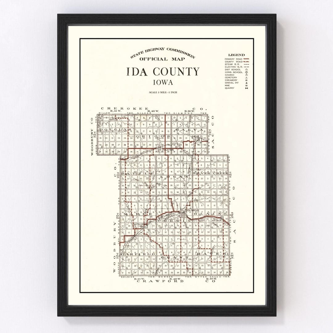 Ida County Map 1920, Vintage Ida County Map, Old Ida County Iowa Art ...
