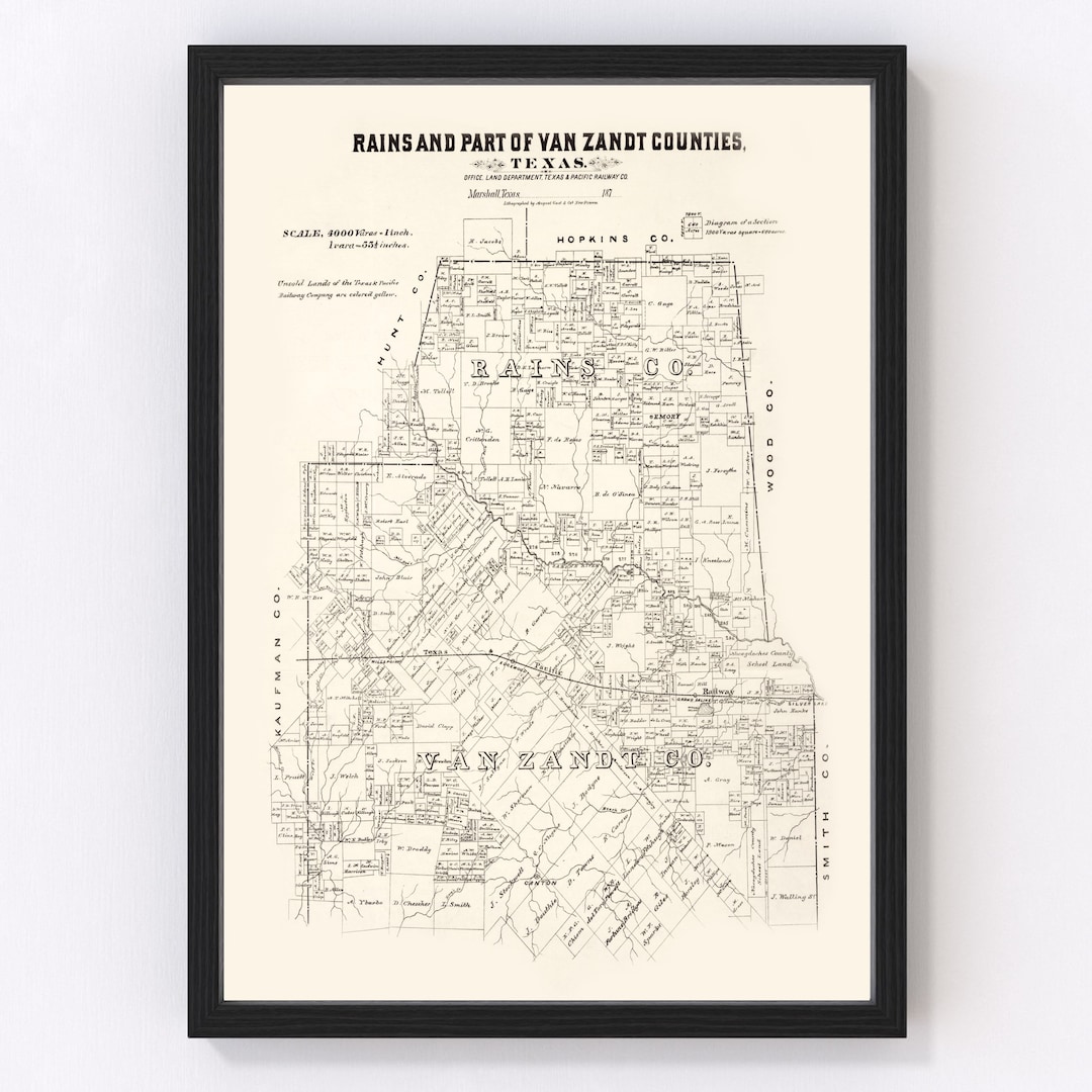 Rains County Map 1870, Vintage Rains County Map, Old Rains County Texas ...