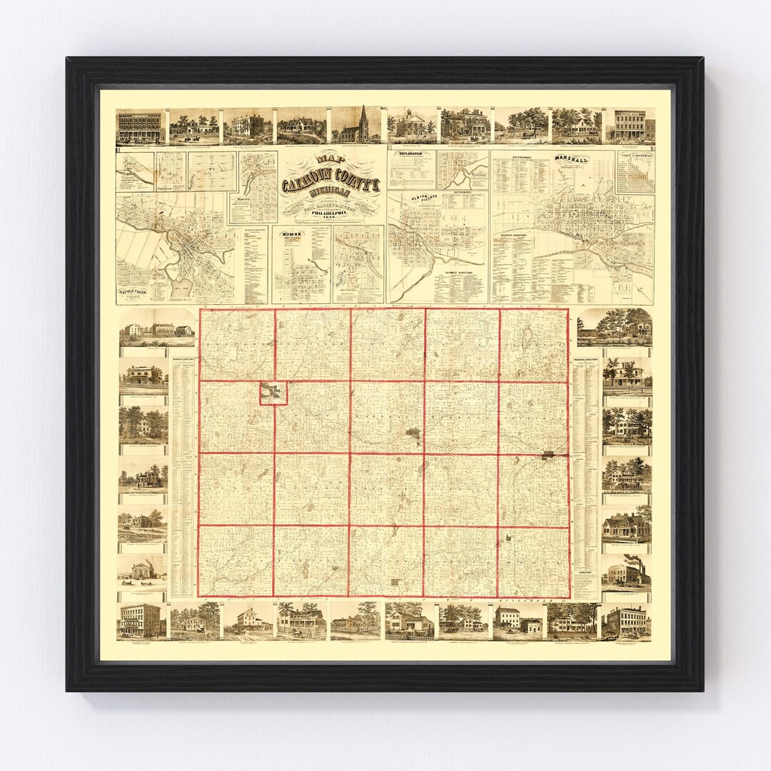 Calhoun County Michigan Map 1858 Old Map of Calhoun County Michigan Art ...