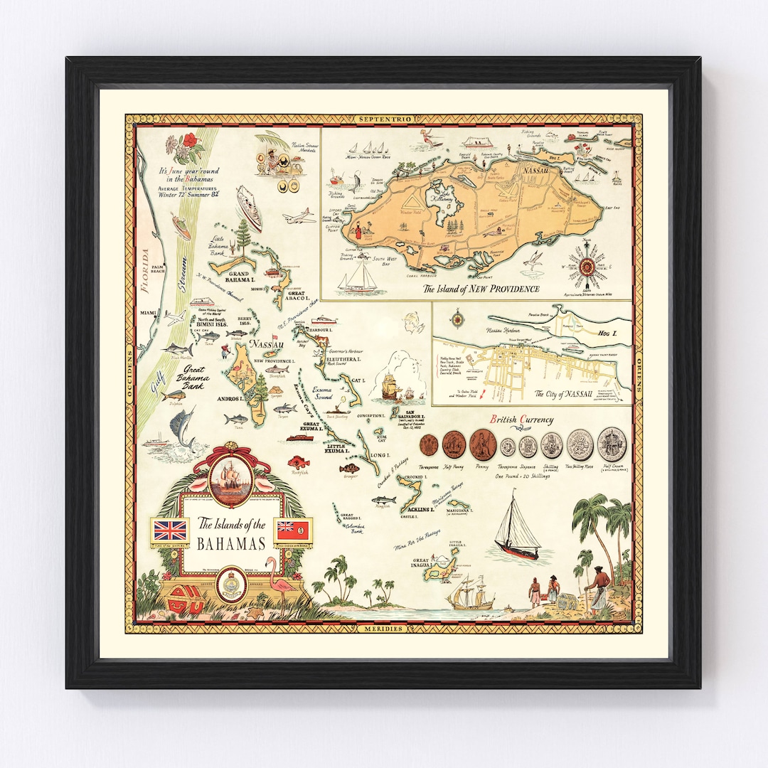 Bahamas Map 1951 Old Map of Bahamas Bahamas Art Vintage Print Framed ...