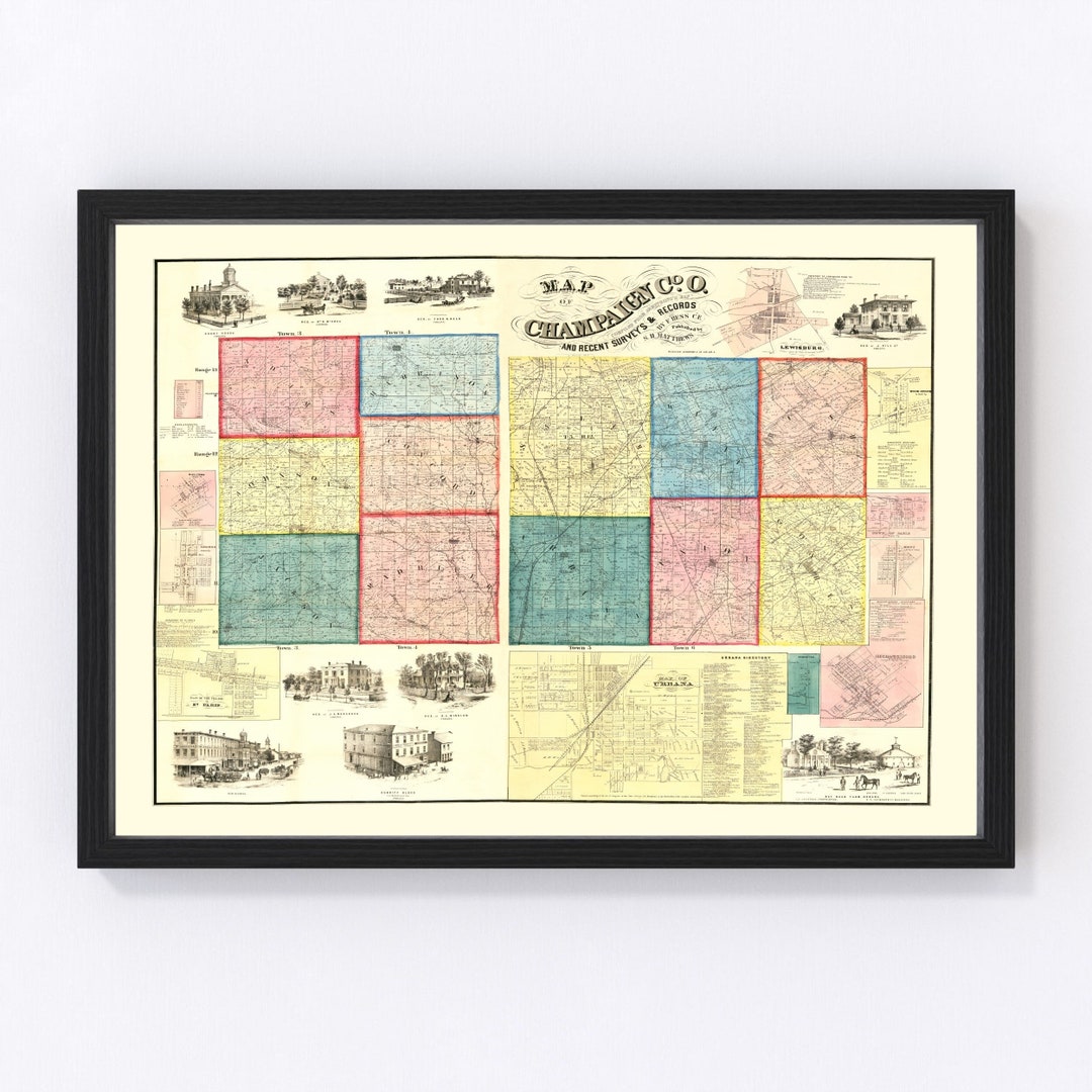 Champaign County Map 1858, Vintage Champaign County Map, Old Champaign ...