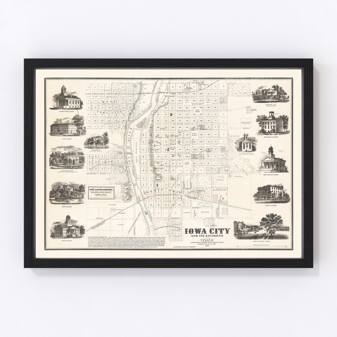 Iowa City Map 1854, Vintage Iowa City Map, Old Iowa City Iowa Art, Wall ...