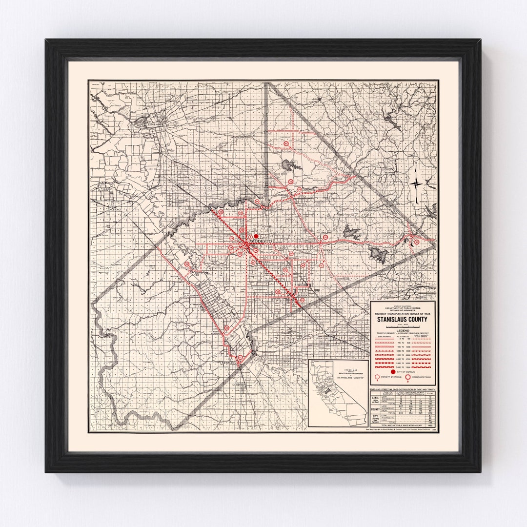 Stanislaus County CA Map 1935 Old Map of California Art Vintage Print ...
