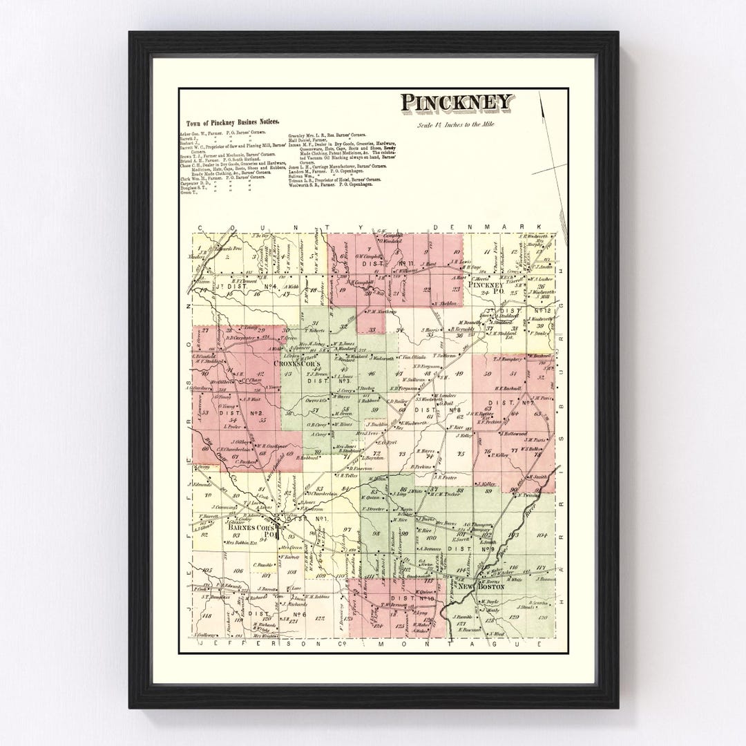 Pinckney Township Map 1875, Vintage Pinckney Township Map, Old Pinckney ...