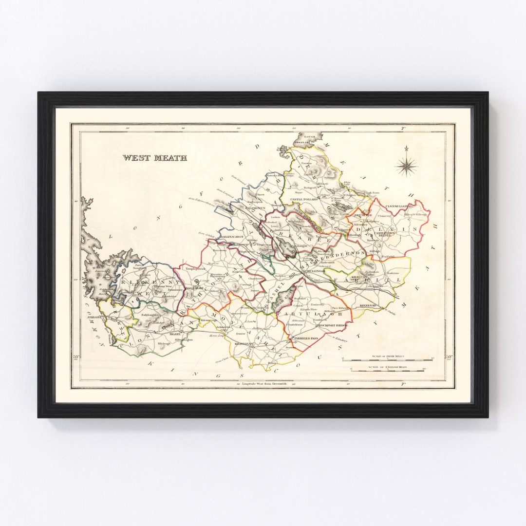 Westmeath County Ireland Map 1846, Vintage Westmeath County Ireland Map ...