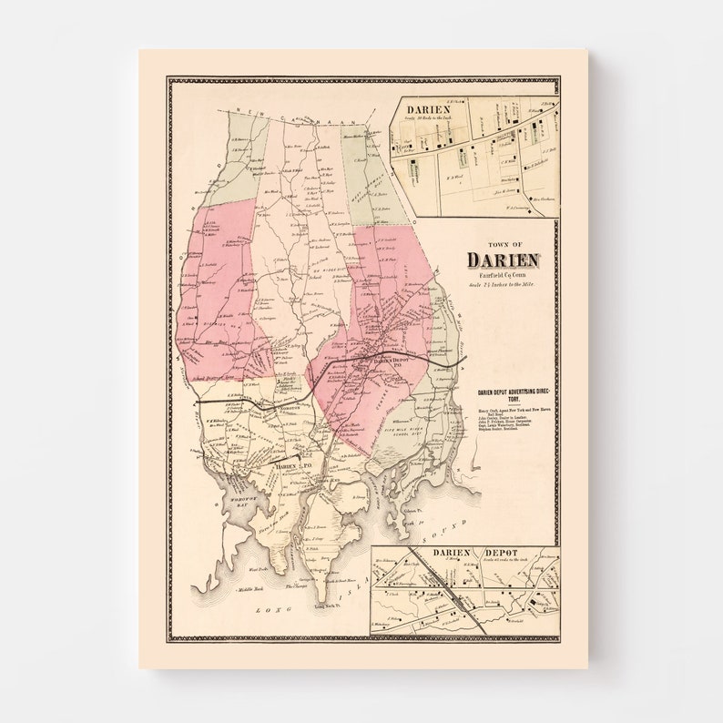 Darien Map 1867, Vintage Darien Map, Old Darien Connecticut Art, Wall ...