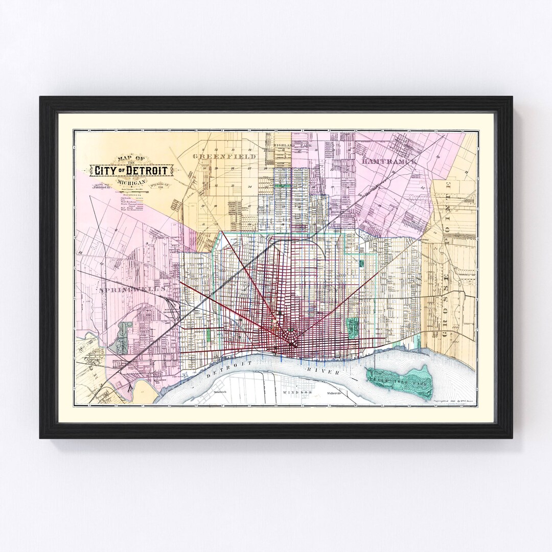 Detroit Map 1883 Old Map of Detroit Michigan Art Vintage Print Framed ...