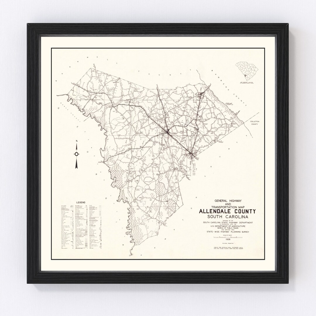 Allendale County SC Map 1938 Old Map of South Carolina Art Vintage ...