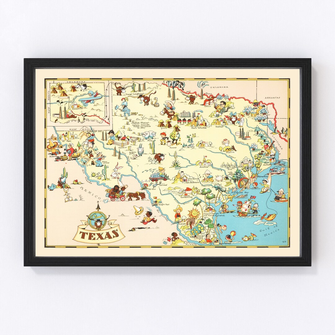Texas Map 1935 Old Map of Texas Art Vintage Print Framed Wall Art ...