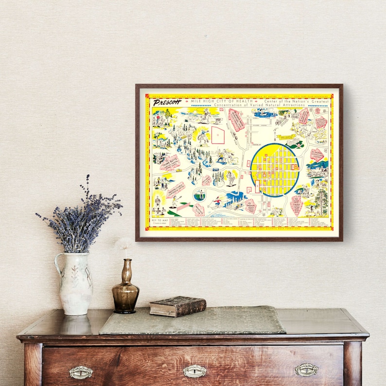 Prescott Map 1950, Vintage Prescott Map, Old Prescott Arizona Art, Wall ...