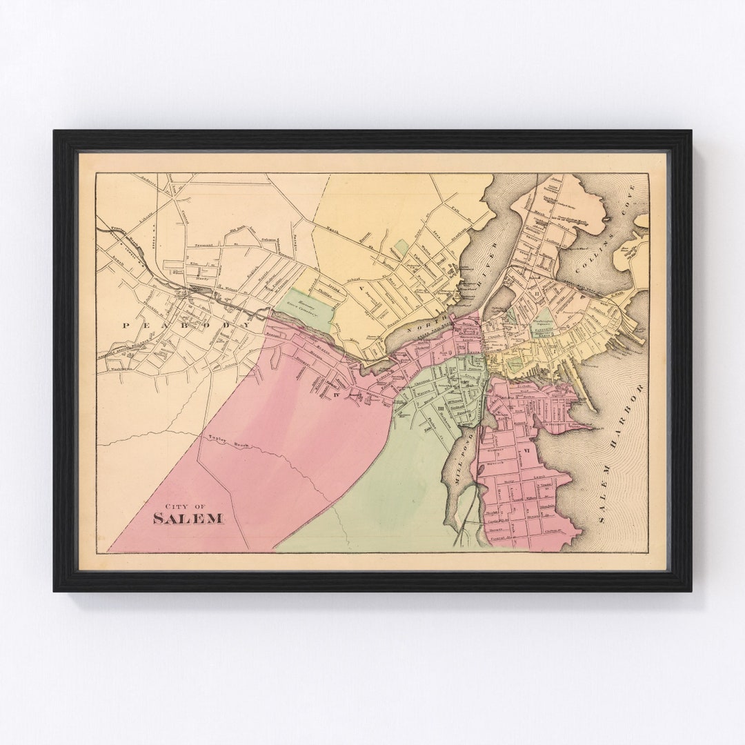 Salem Map 1871 - Old Map of Salem Massachusetts Art Vintage Print ...