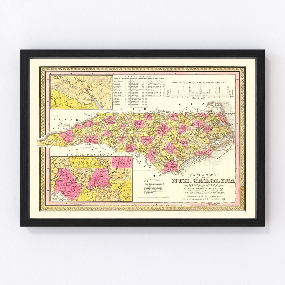 North Carolina Map 1847 Old Map of North Carolina Art Vintage Print ...