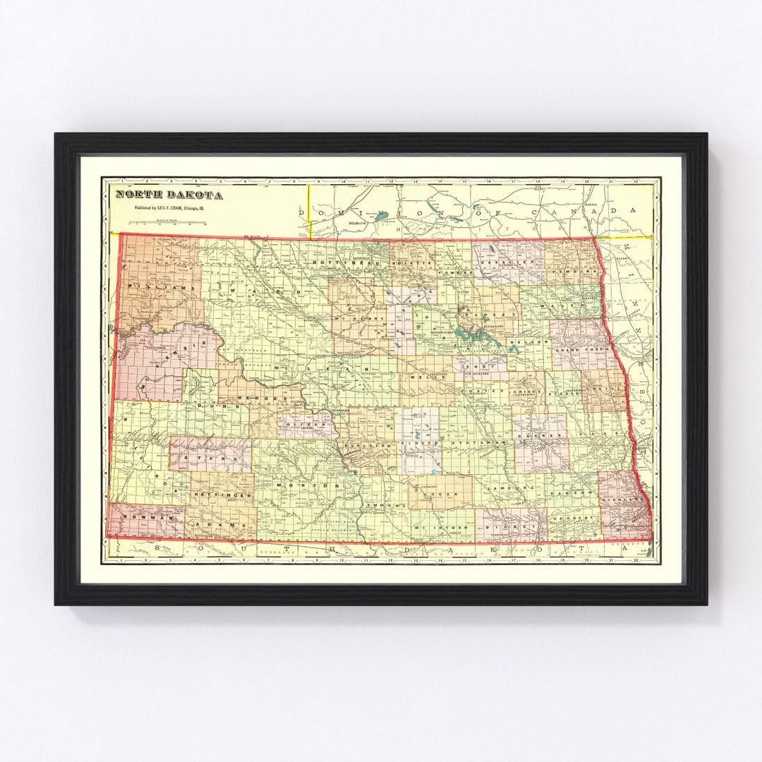 North Dakota Map 1909, Vintage North Dakota Map, Old North Dakota Art ...