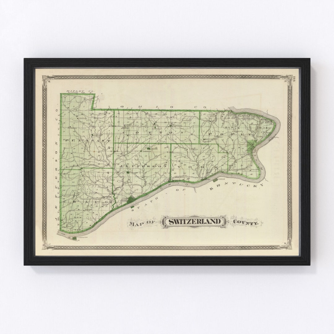 Switzerland County IN Map 1876 Old Map of Vevay Indiana Art Vintage ...