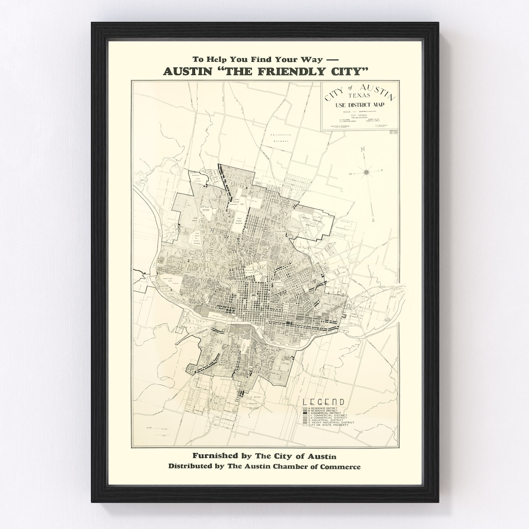 Austin Map 1943, Vintage Austin Map, Old Austin Texas Art, Wall Art ...