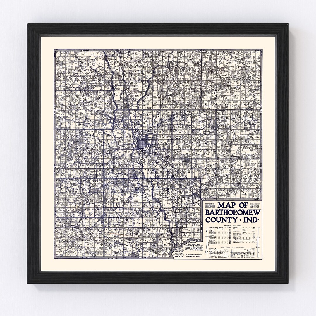 Bartholomew County Map 1925, Vintage Bartholomew County Map, Old ...