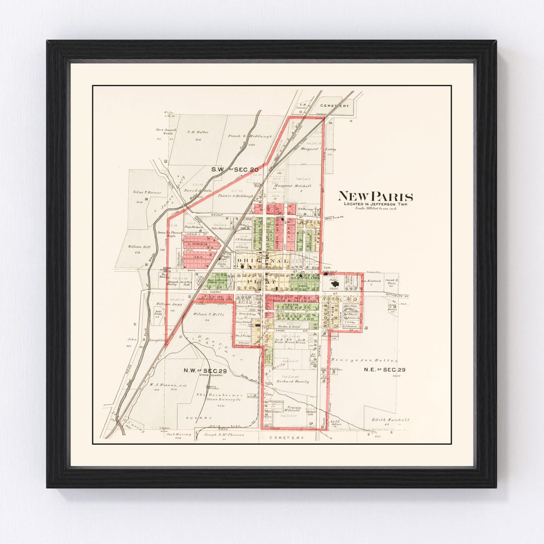 New Paris Map 1912 Old Map of New Paris Ohio Art Vintage Print Framed ...