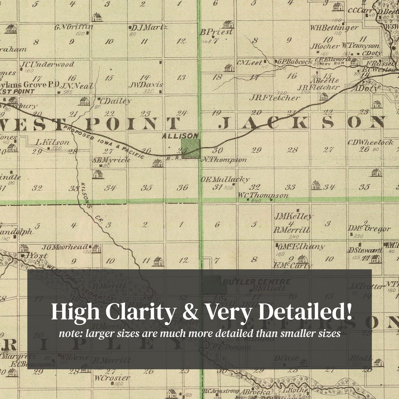 Butler County IA Map 1875 Old Map of Allison Iowa Art - Etsy