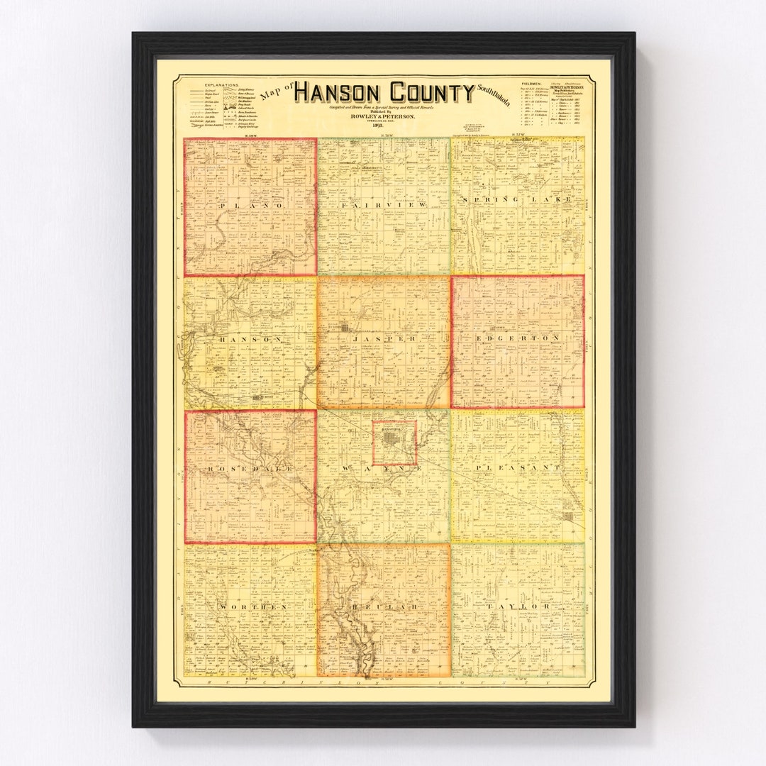 Hanson County Map 1893, Vintage Hanson County Map, Old Hanson County ...