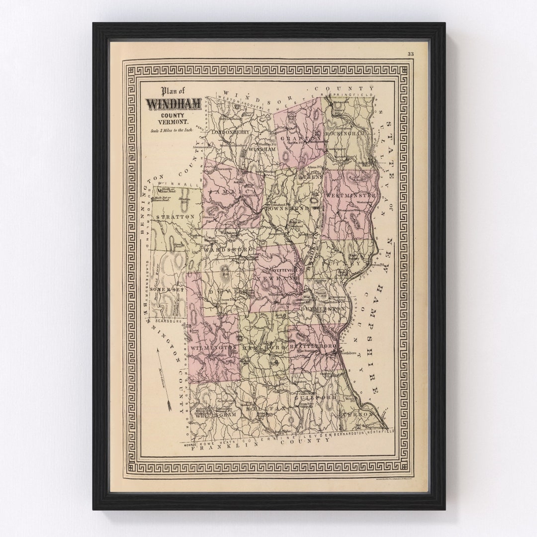 Windham County Map 1876, Vintage Windham County Map, Old Windham County ...