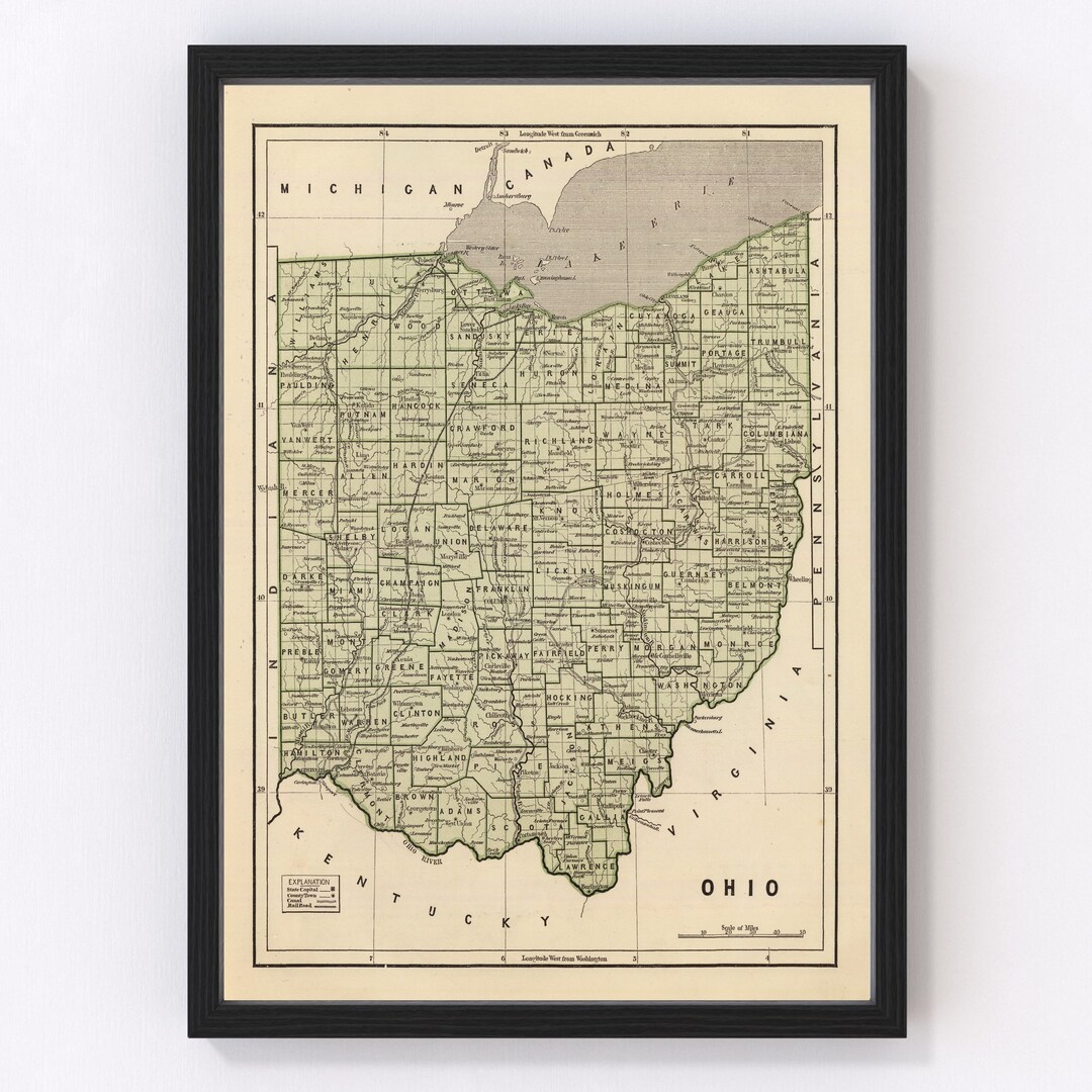 Ohio Map 1842 Old Map of Ohio Art Vintage Print Framed Wall Art Canvas ...