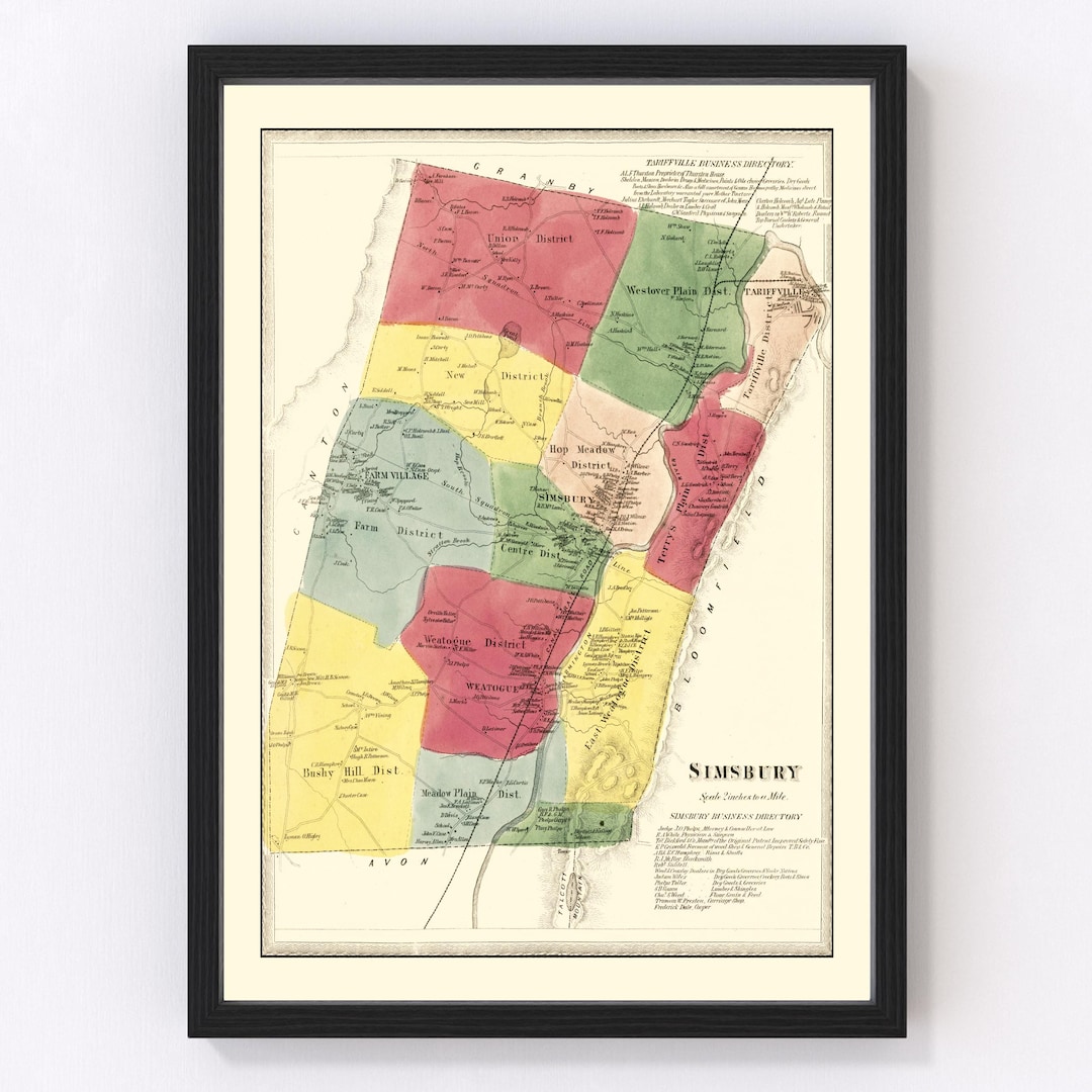 Simsbury Map 1869, Vintage Simsbury Map, Old Simsbury Connecticut Art ...