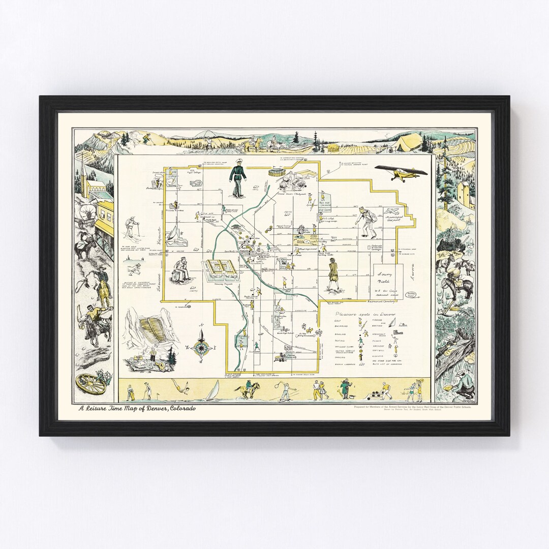 Denver Map 1945 Old Map of Denver Colorado Art Vintage Print Framed ...