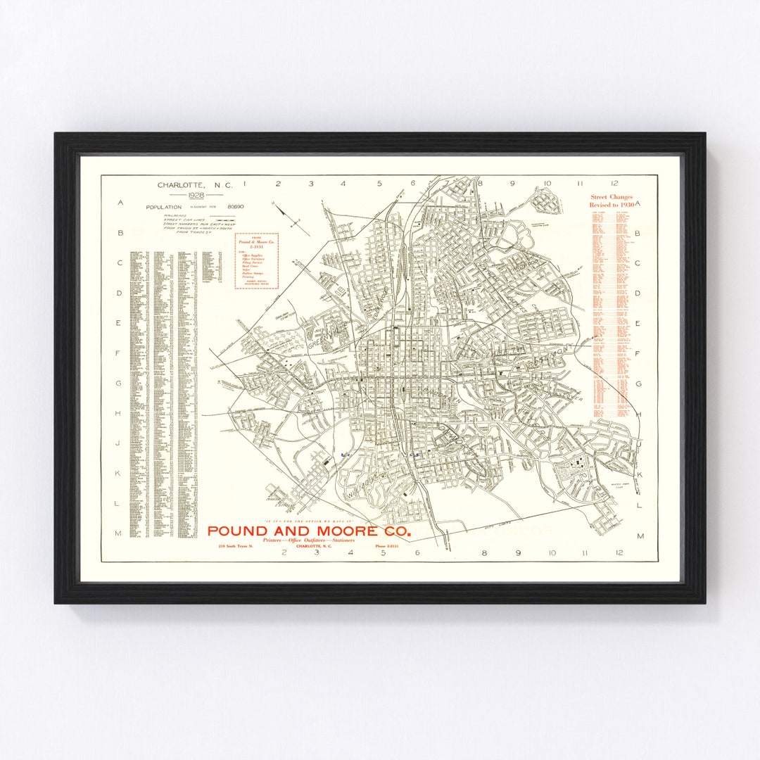 Charlotte Map 1930 - Old Map of Charlotte North Carolina Art Vintage ...