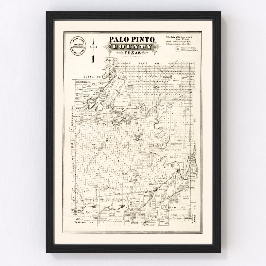 Palo Pinto County Map 1880, Vintage Palo Pinto County Map, Old Palo ...