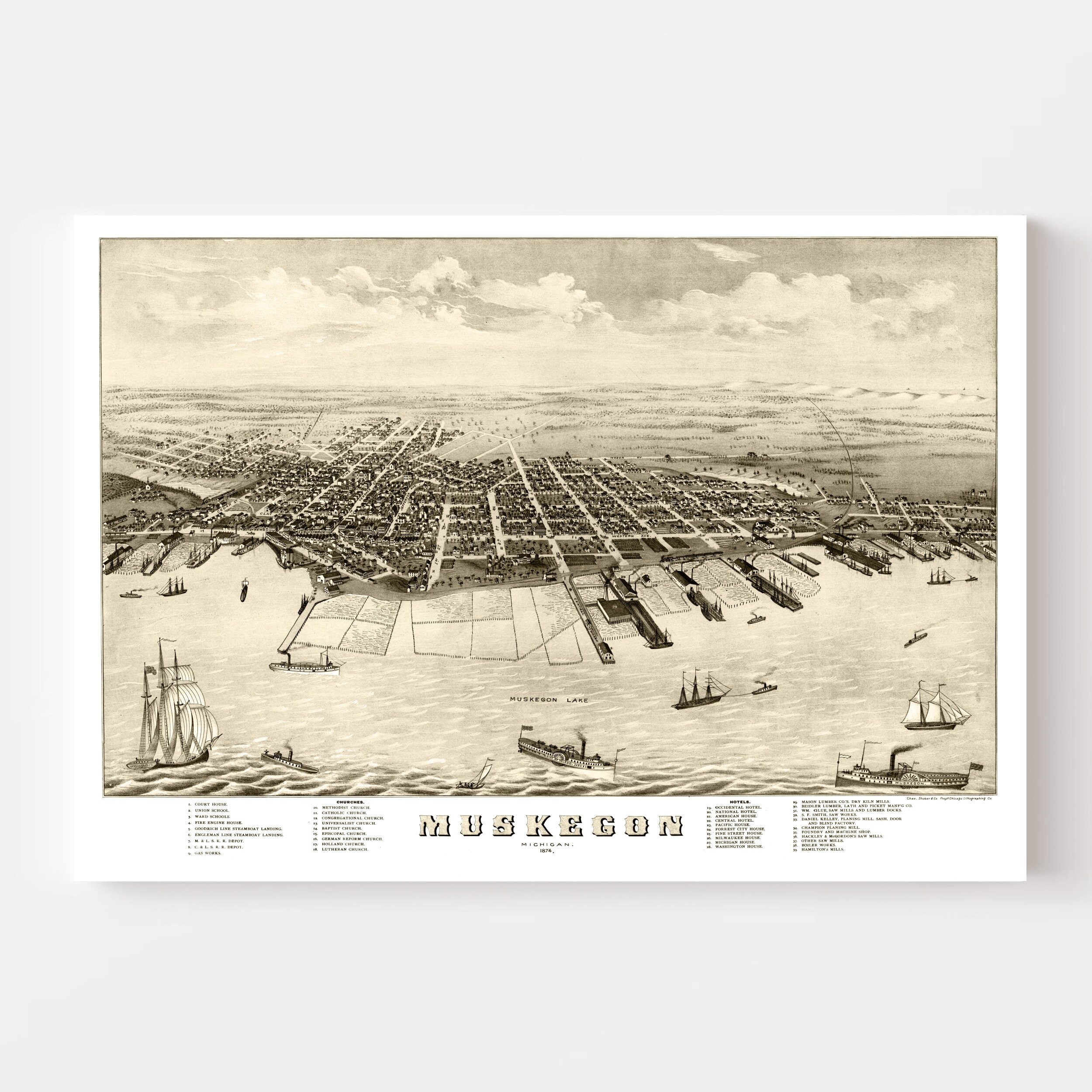 Muskegon Map 1874, Vintage Muskegon Map, Old Muskegon Michigan Art ...