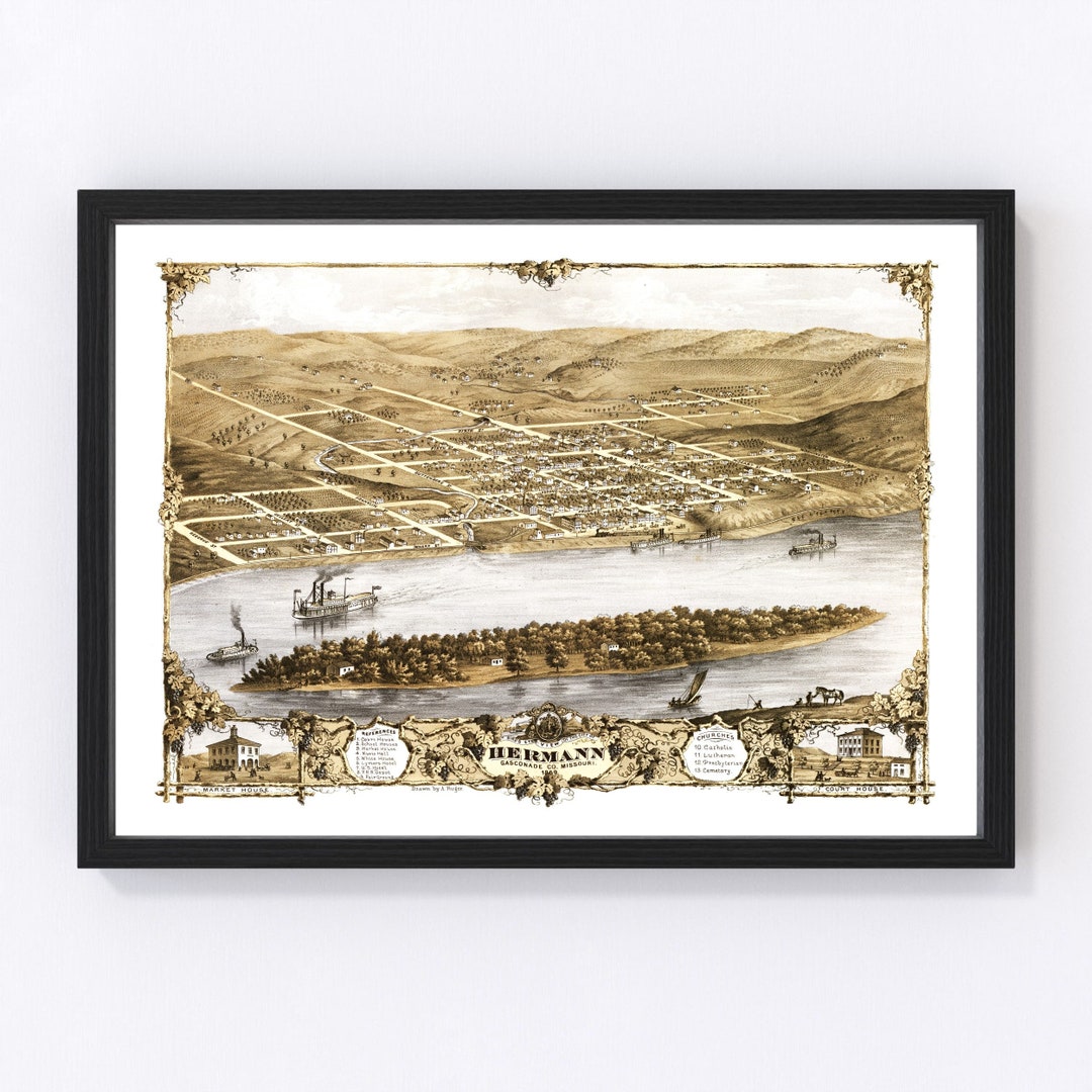 Hermann Map 1869 Old Map of Hermann Missouri Art Vintage Print Framed ...