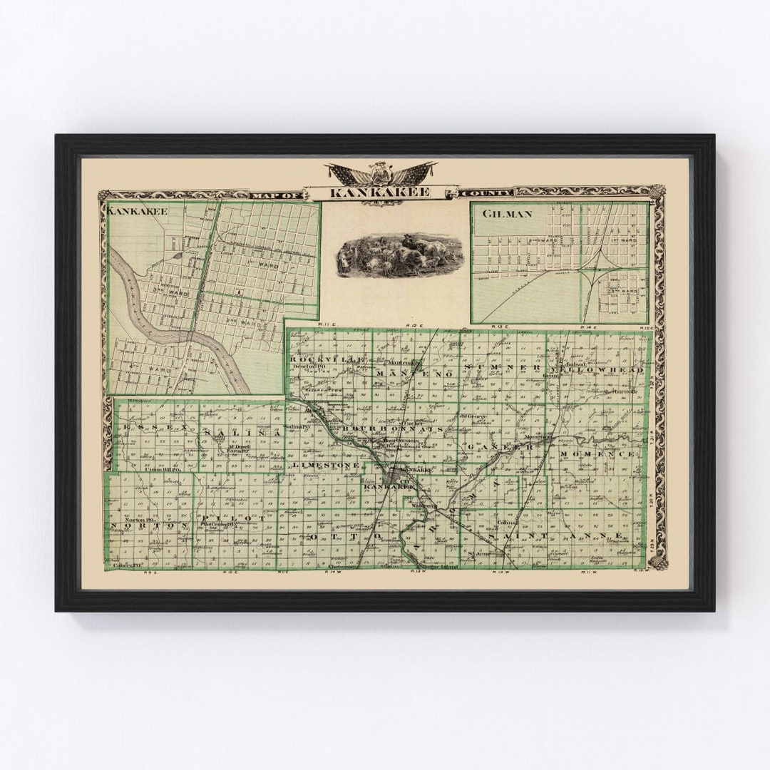 Kankakee County IL Map 1876 Old Map of Kankakee Illinois Art Vintage ...
