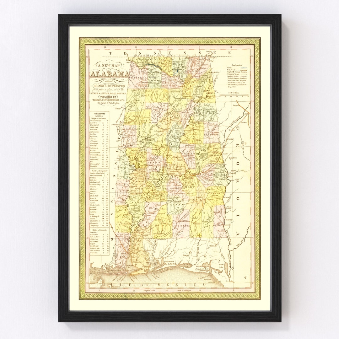 Alabama Map 1854 Old Map of Alabama Art Vintage Print Framed Wall Art ...
