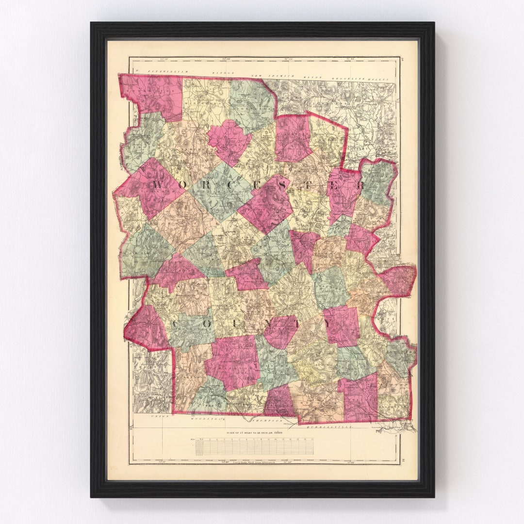 Worcester County Map 1871, Vintage Worcester County Map, Old Worcester ...