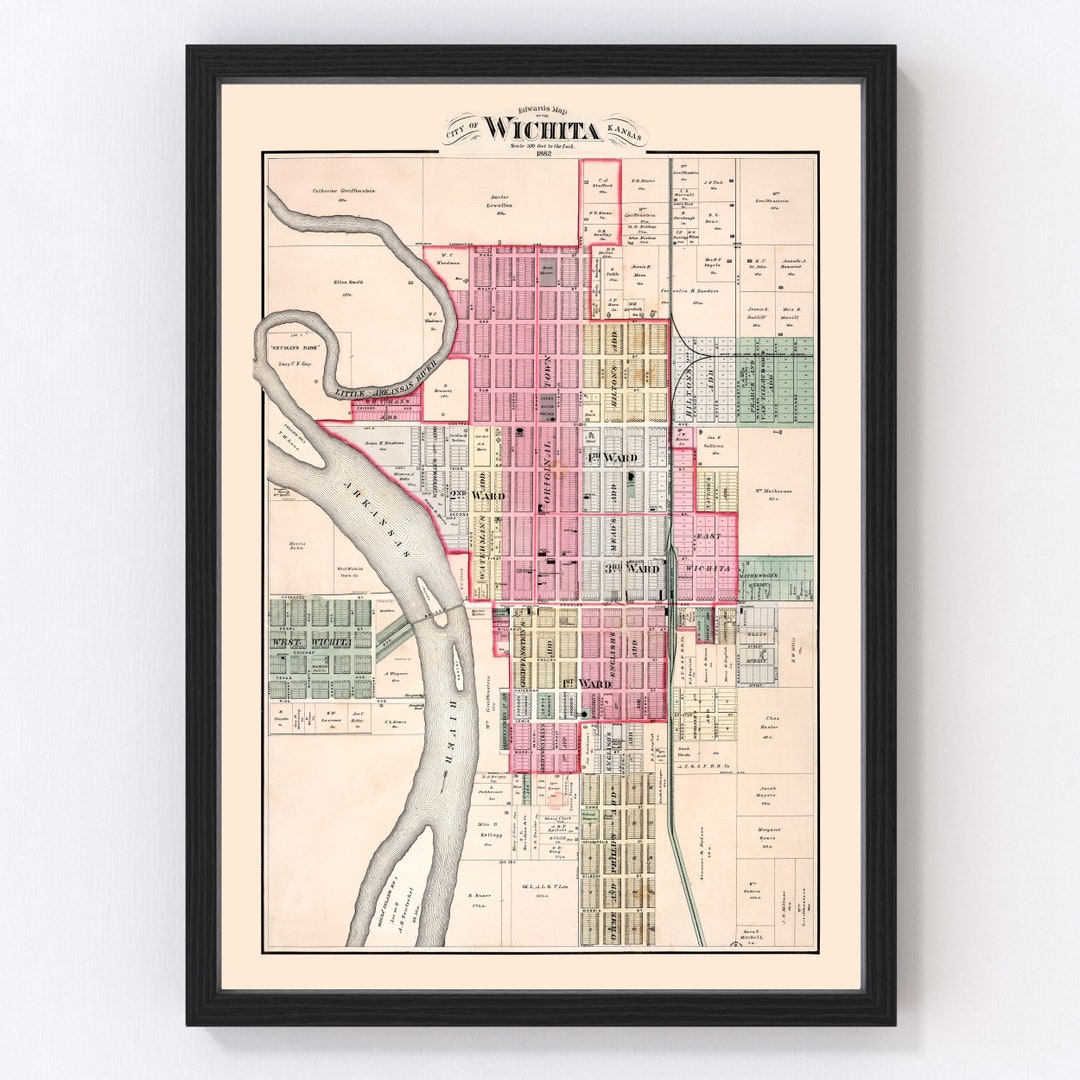 Wichita Map 1882 - Old Map of Wichita Kansas Art Vintage Print Framed ...