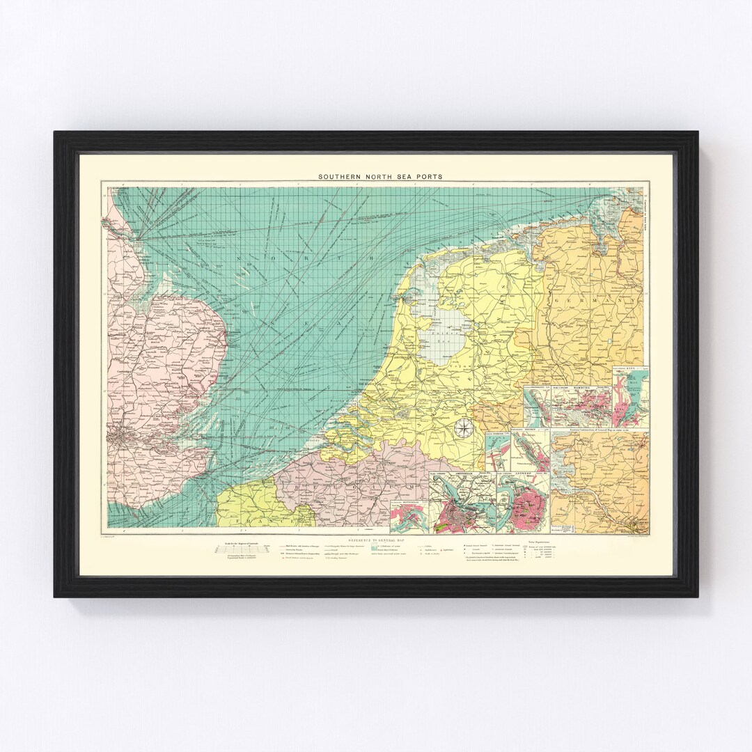 Southern North Sea Ports Map 1922, Vintage Southern North Sea Ports Map ...