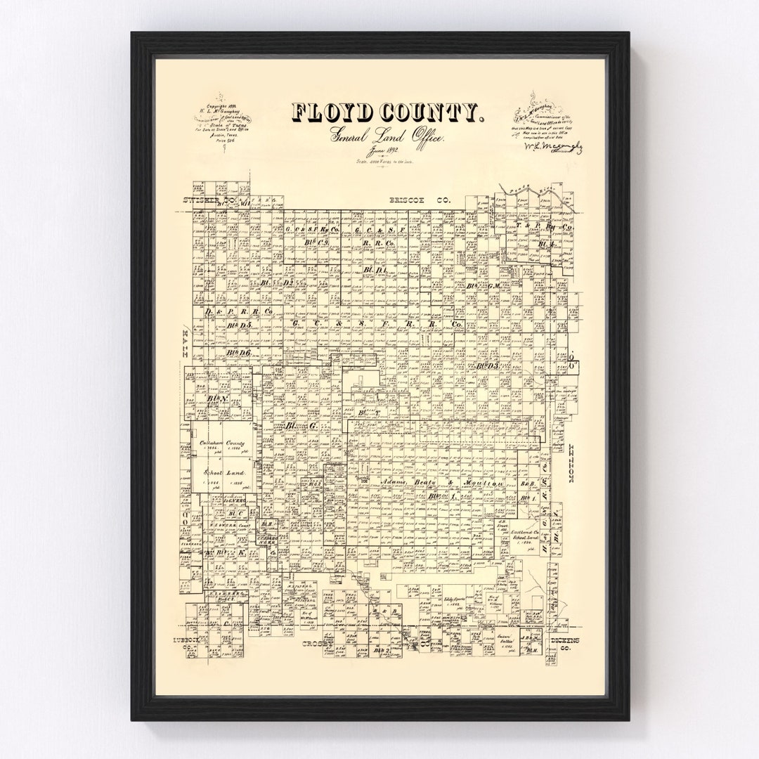 Floyd County Texas Map 1892 Old Map of Floyd County Texas Art Vintage ...