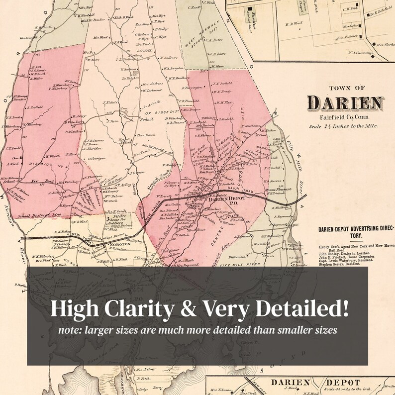 Darien Map 1867, Vintage Darien Map, Old Darien Connecticut Art, Wall ...