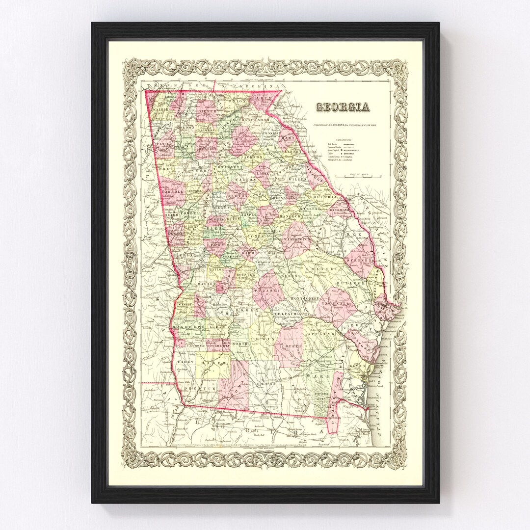 Georgia Map 1855 Old Map of Georgia Art Vintage Print Framed Wall Art ...