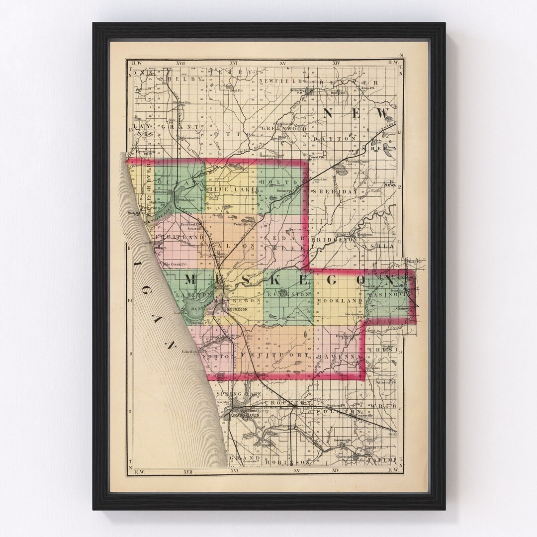 Muskegon County Map 1873, Vintage Muskegon County Map, Old Muskegon ...