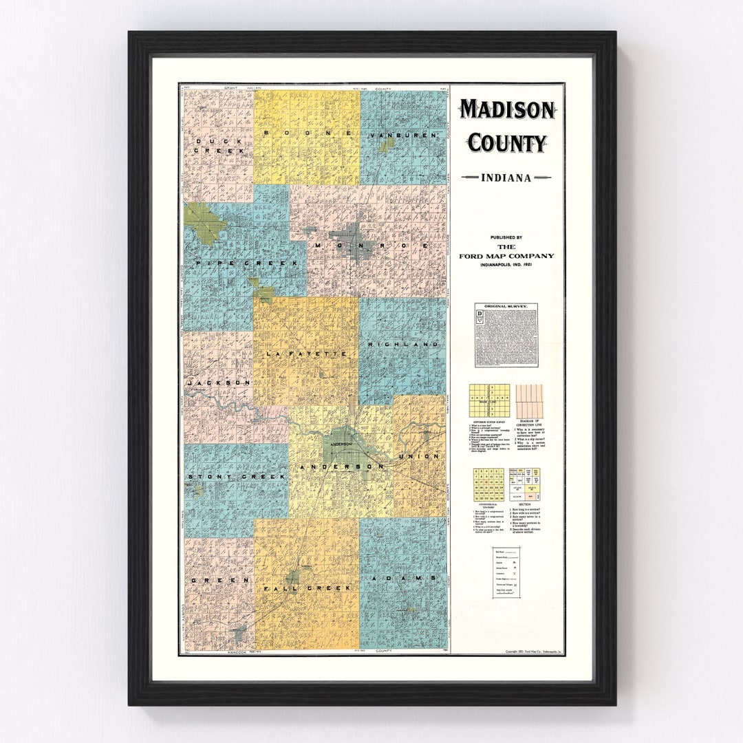 Madison County IN Map 1921 Old Map of Indiana Art Vintage Print Framed ...