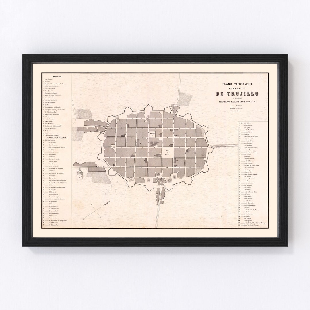 Trujillo Map 1865, Vintage Trujillo Map, Old Trujillo Art, Wall Art ...