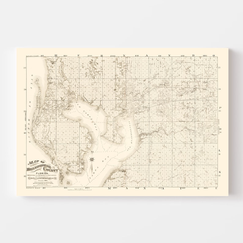 Hillsborough County FL Map 1882 Old Map of Tampa Florida Art - Etsy