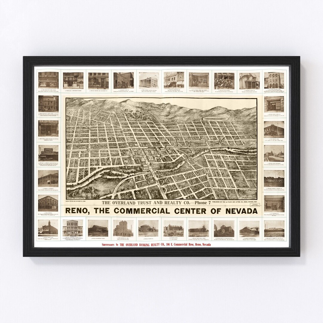 Reno Map 1907 - Old Map of Reno Nevada Art Vintage Print Framed Canvas ...