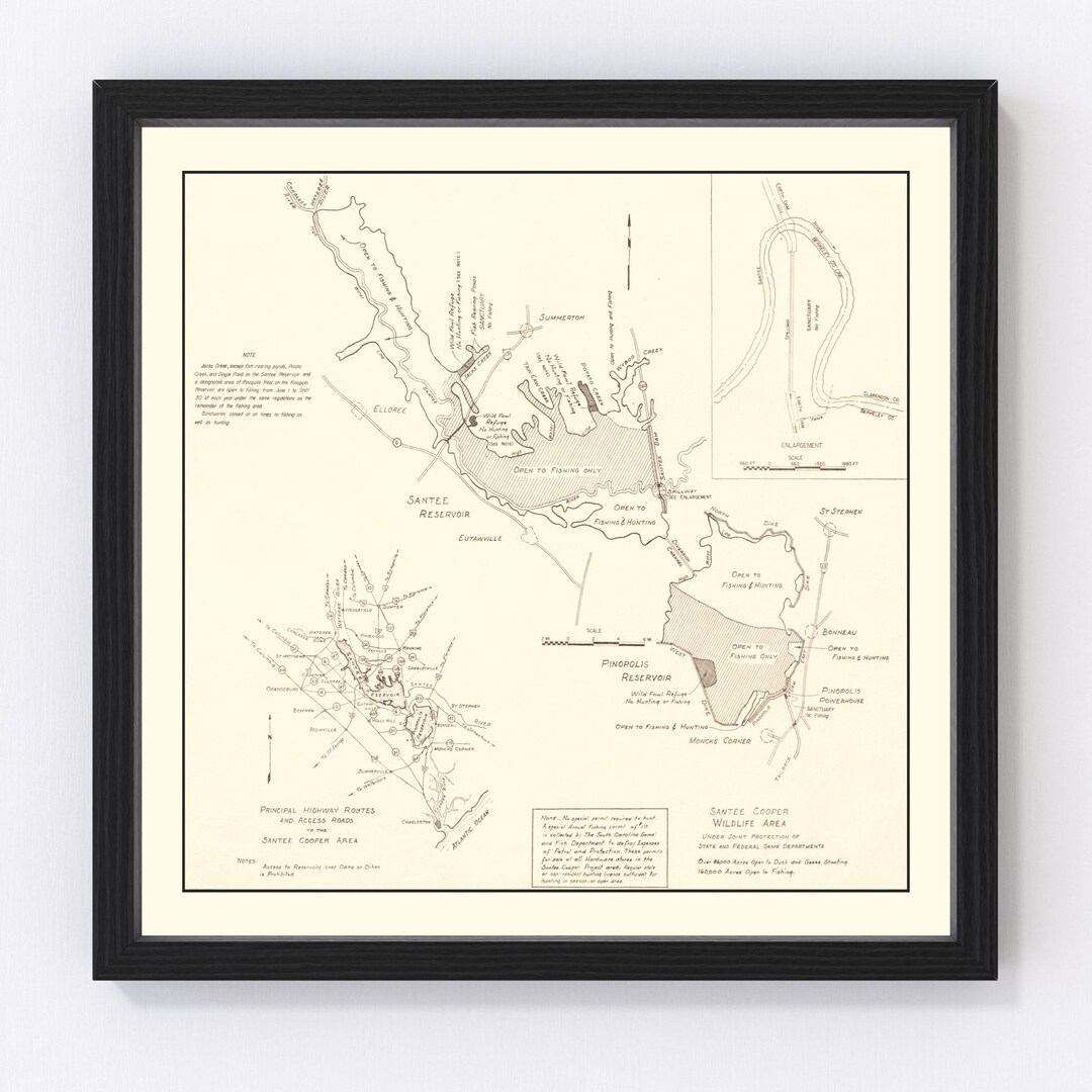 Santee Cooper Wildlife Area Map 1943, Vintage Santee Cooper Wildlife ...
