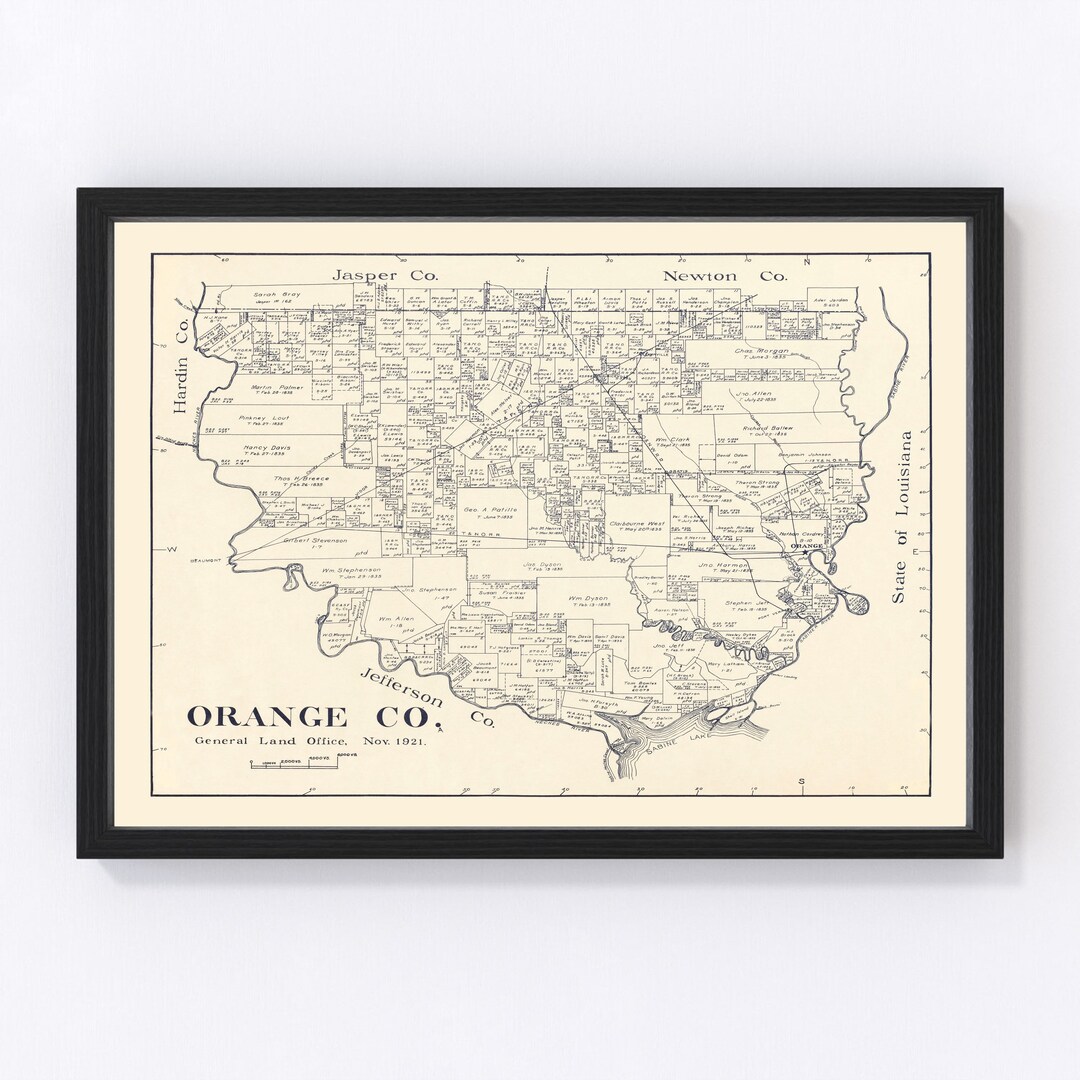 Orange County TX Map 1921 Old Map of Texas Art Vintage Print Framed ...