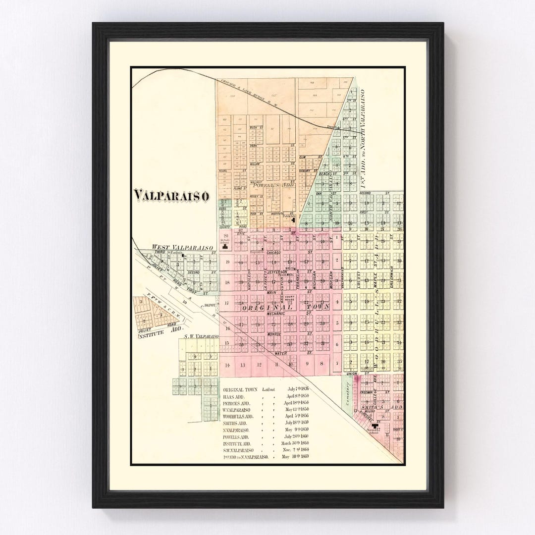 Valparaiso Map 1876, Vintage Valparaiso Map, Old Valparaiso Indiana Art ...