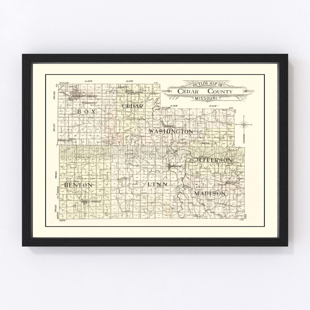 Cedar County Map 1908, Vintage Cedar County Map, Old Cedar County Missouri Art, Wall Art Gift ...