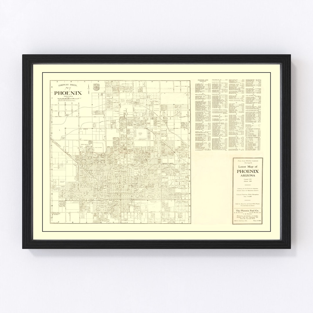 Phoenix Map 1935 - Old Map of Phoenix Arizona Art Vintage Print Framed ...