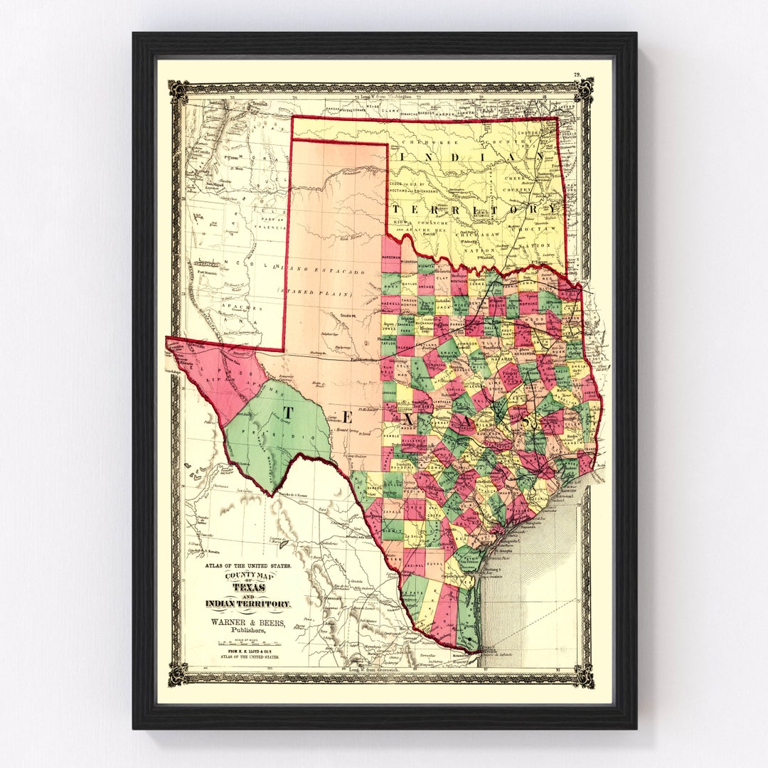 Texas Map 1874 Old Map of Texas Art Vintage Print Framed Wall Art ...